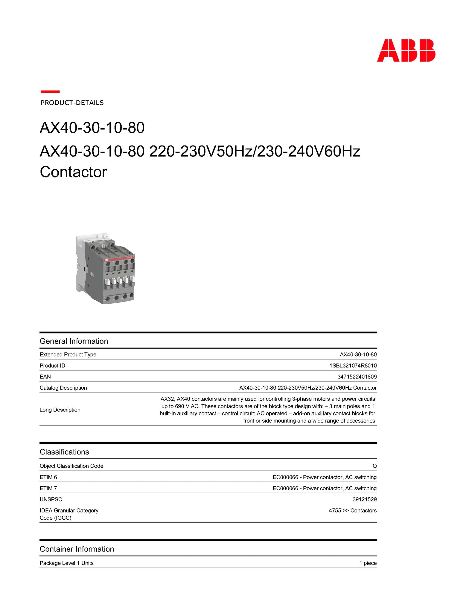 ABB AX40-30-10-80 Magnetic Contactor Model# 1SBL321074R8010 – Zenith ...
