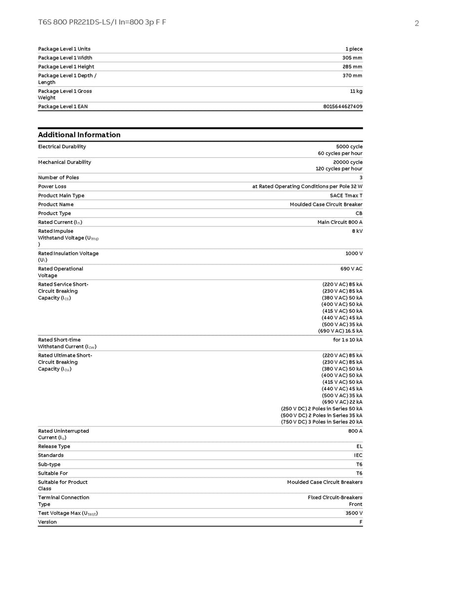 ABB MCCB 800A 3P T6S 50KA @220V/240V Model# 1SDA060278R1 – Zenith ...