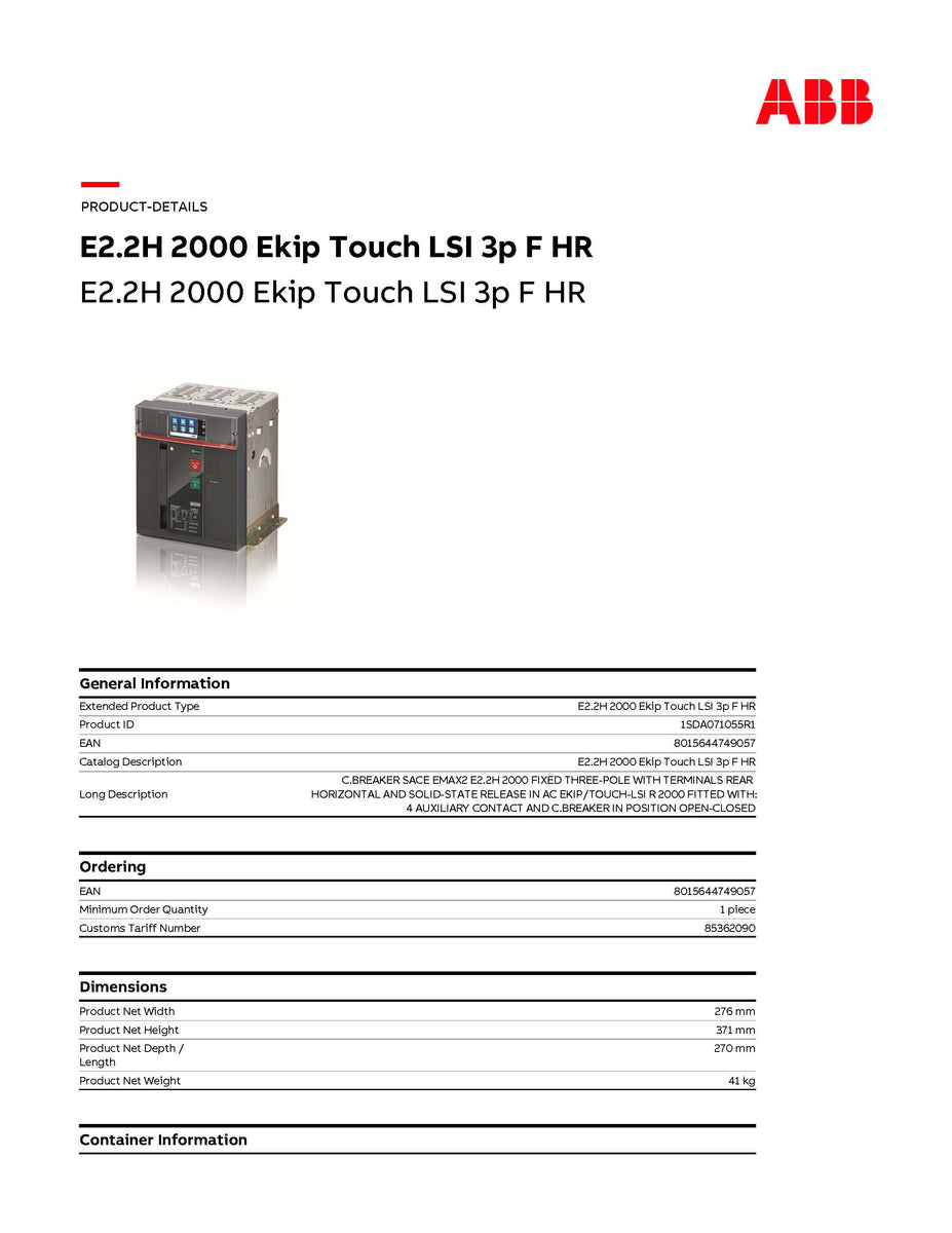 ABB ACB 2000A 3P E2.2H20 LSI 100KA@240/440V Model# 1SDA071055R1 ...