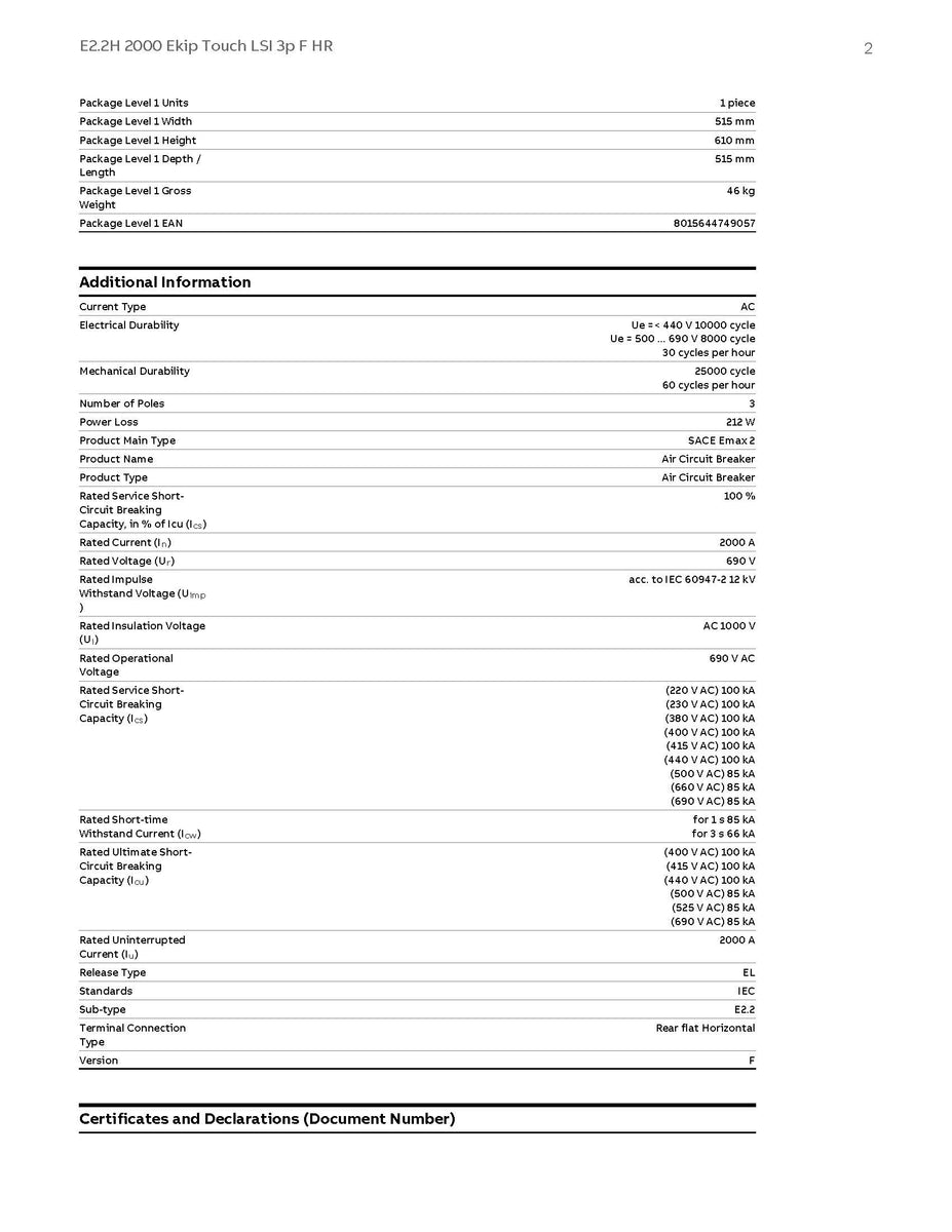 ABB ACB 2000A 3P E2.2H20 LSI 100KA@240/440V Model# 1SDA071055R1 ...