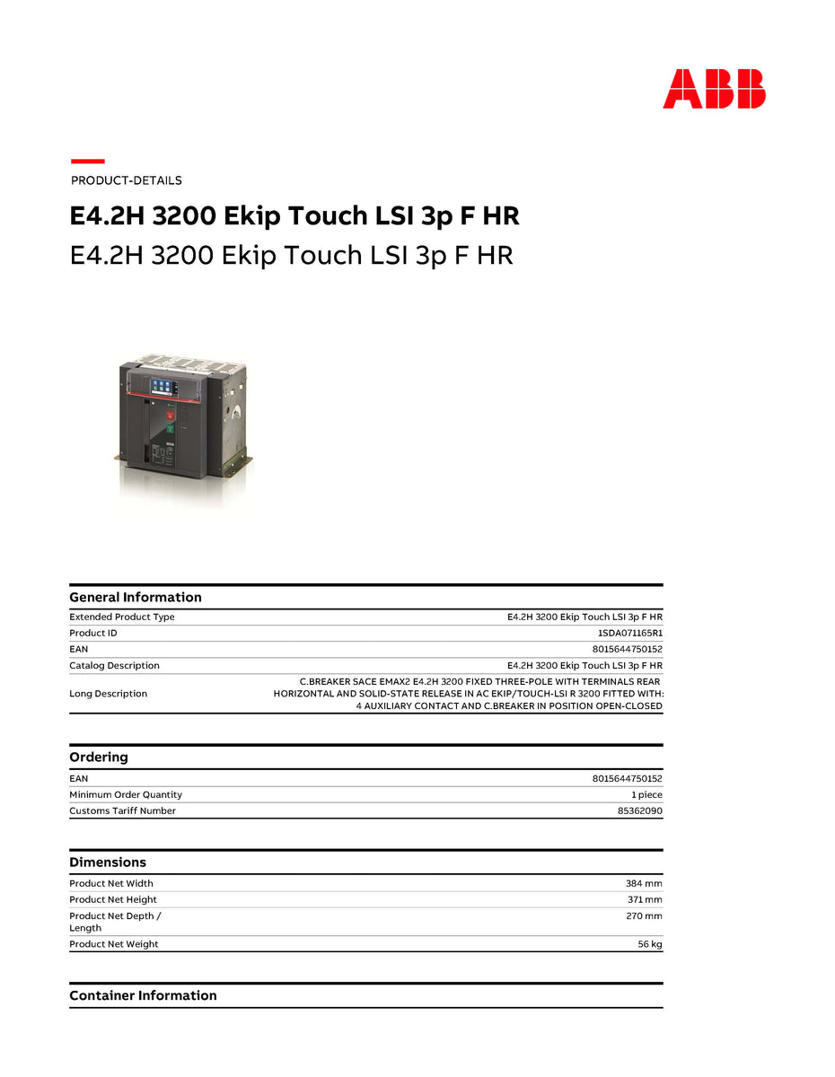 ABB ACB 3200A 3P E4.2H32 LSI 100KA@240/440V Model# 1SDA071165R1 ...
