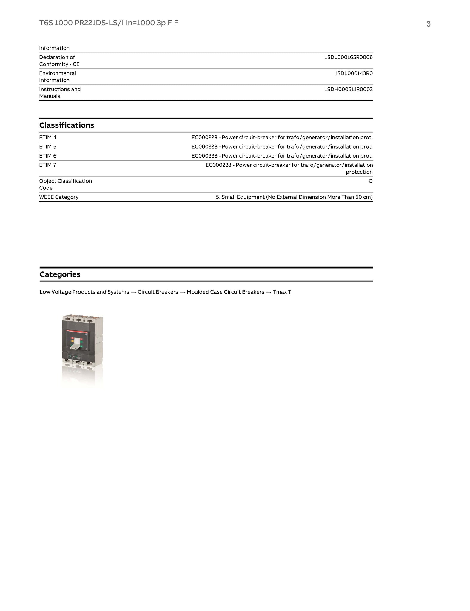 ABB MCCB 1000A 3P T6S 50KA @220V/240V Model# 1SDA060547-EFR1 – Zenith ...