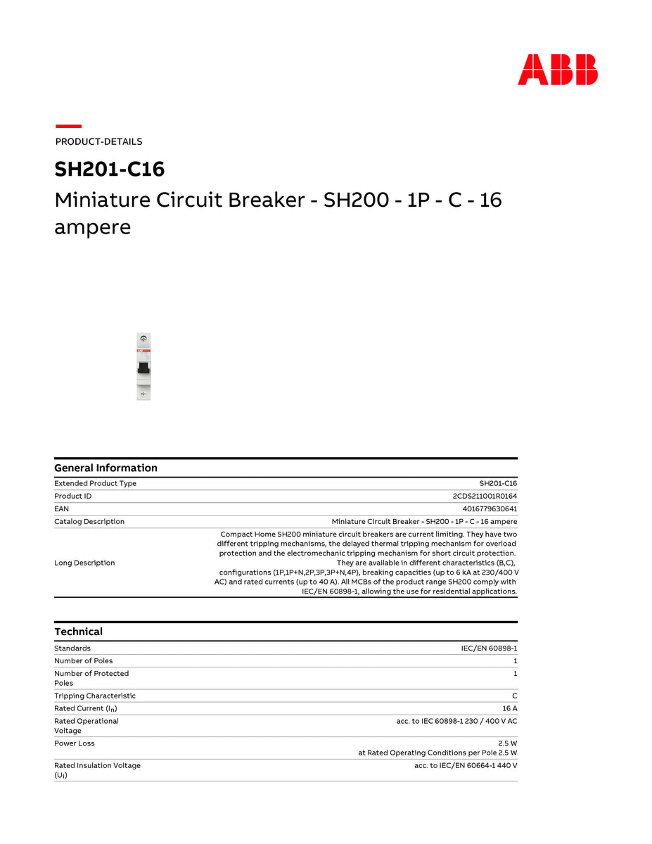 ABB MCB 16A 1P SH201-C16 10KA @220V, 6KA @440V Model# 2CDS211001R0164 ...