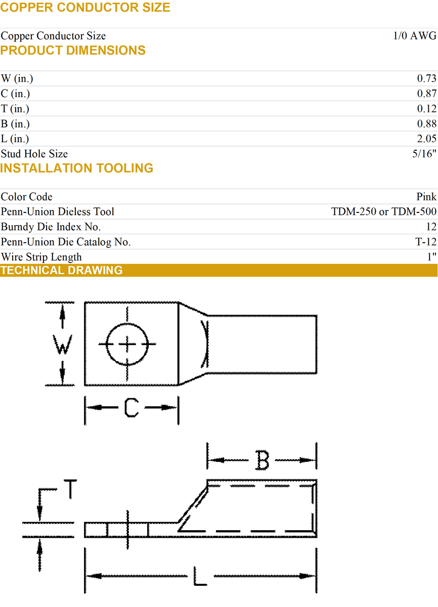 Penn Union Copper Compression Lug -One Hole 1/0 AWG Model# BLU-1/0S ...