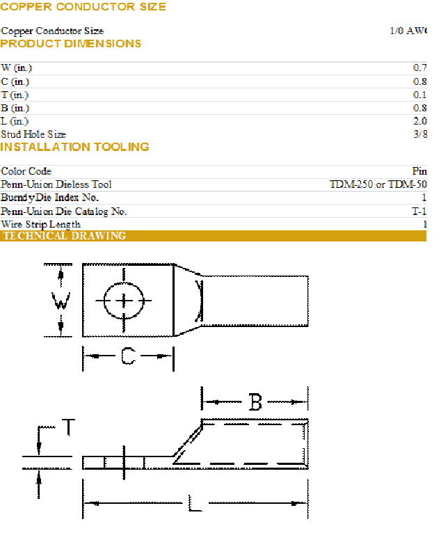 Penn Union Copper Compression Lug - One Hole 1/0 AWG Model# BLU-1/0S1 ...