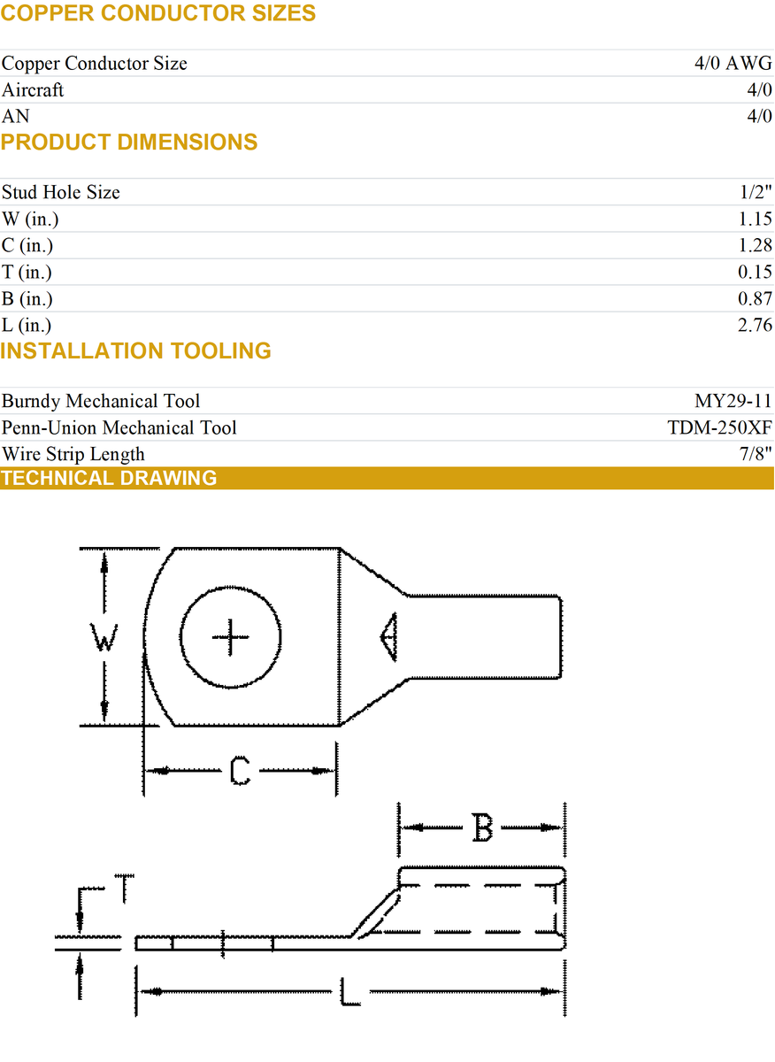 Penn Union Copper Compression Lug One Hole 4/0 AWG Model# BLY28-L12 ...