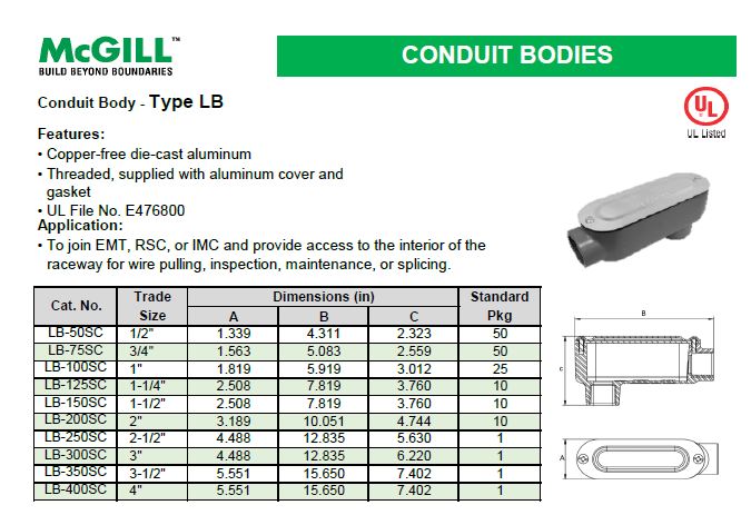 McGill Conduit Body Type LB Threaded 1/2" Model# LB-50SC – Zenith United Electric