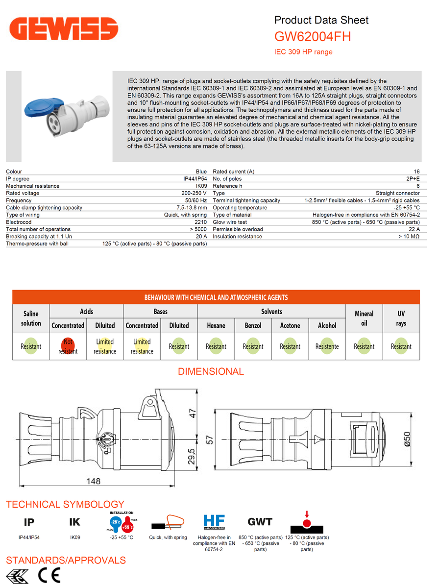 Gewiss Straight Connector HP-IP44/IP54-2P+E 16A 200-250V 50/60HZ Model ...