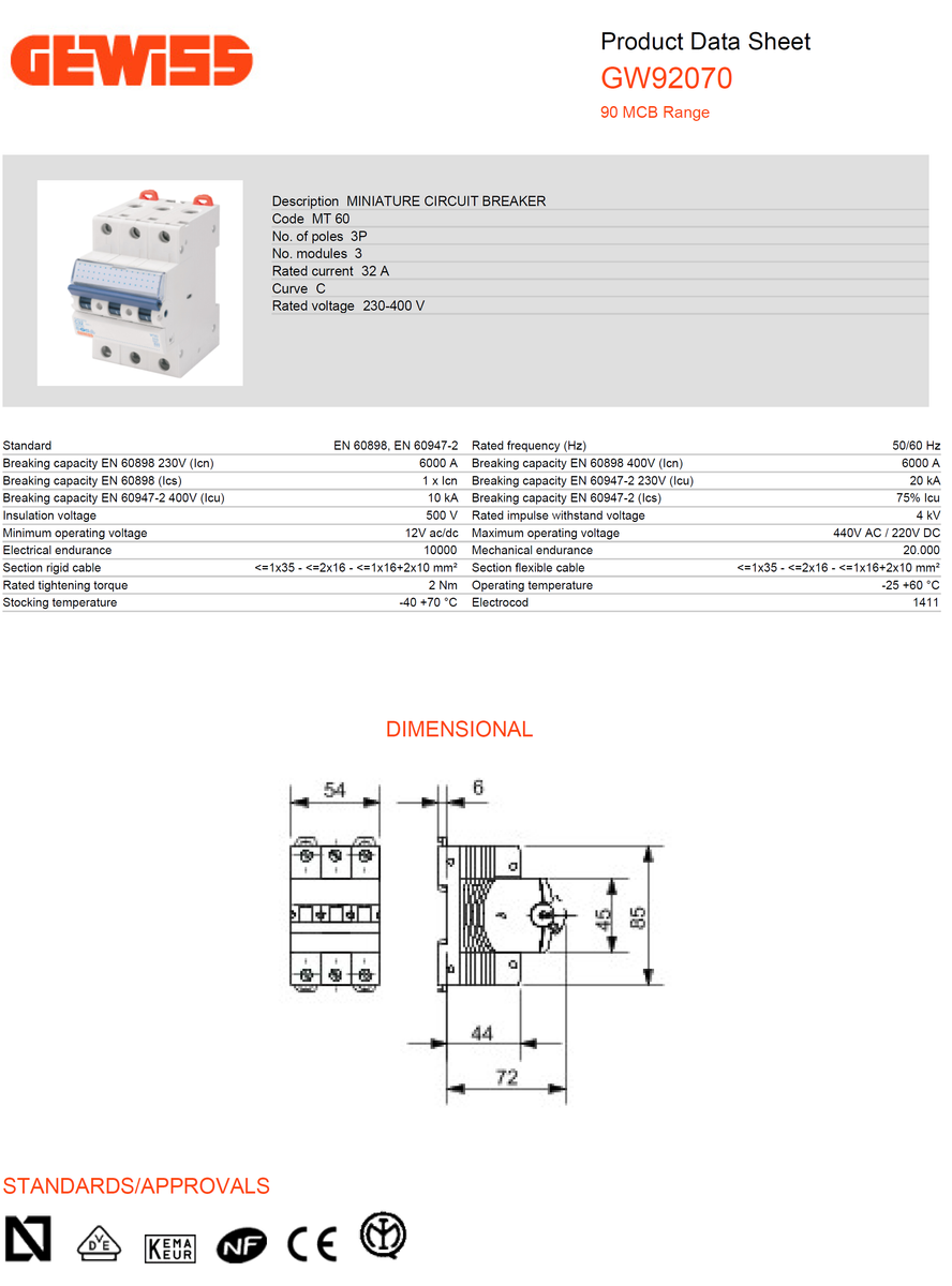 Gewiss Miniature Circuit Breaker (MCB) C-32A 3P 6/10KAIC, 3M Model# GW ...