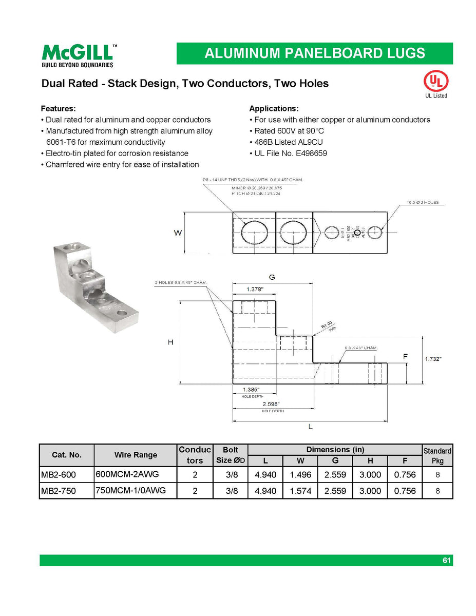McGill Panelboard Lugs Two-600MCM-2AWG 3/8 Bolt Size AL9CU 2-Hole Mode ...