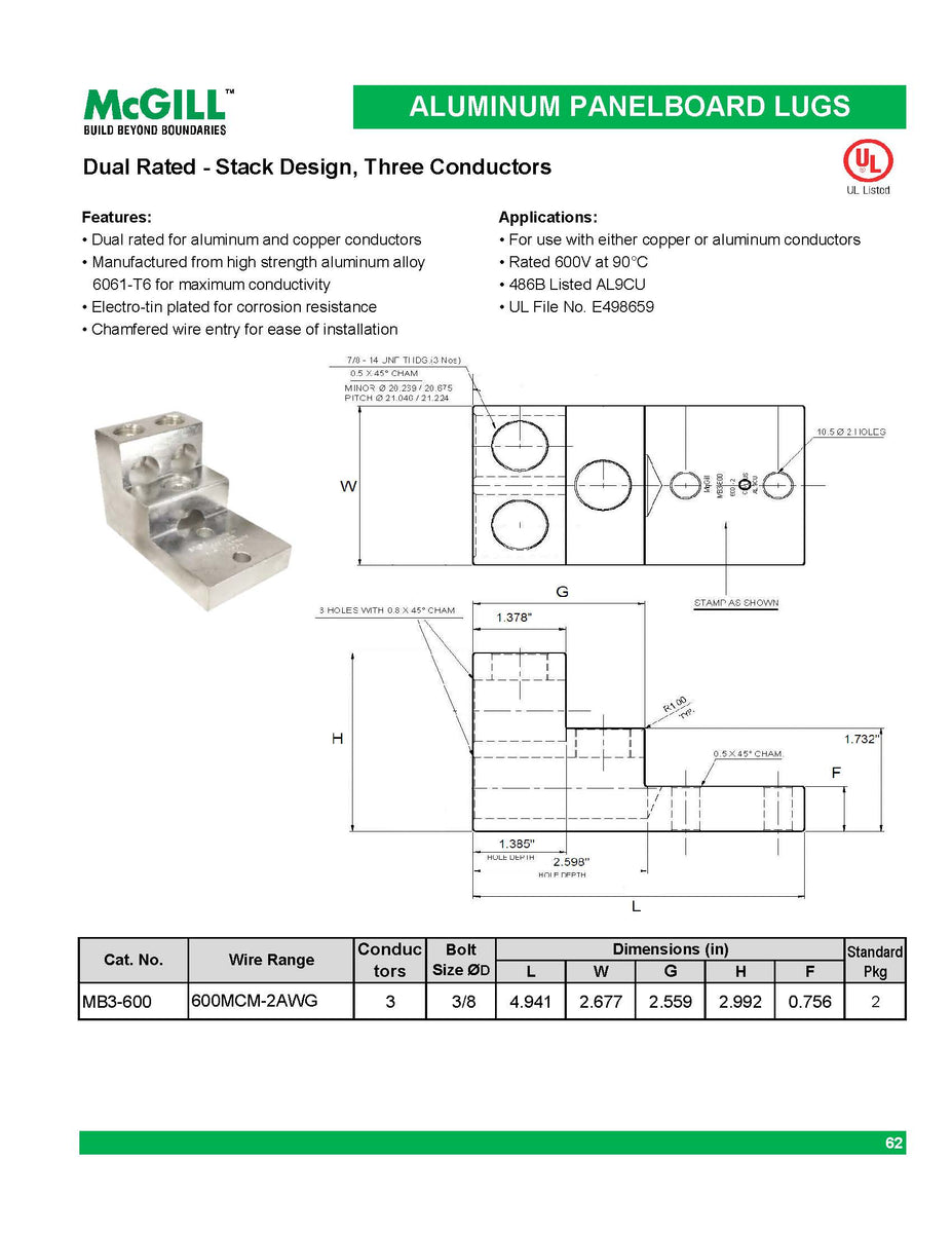 McGill Panelboard Lugs Three-600MCM-2AWG 3/8 Bolt Size AL9CU 2-Hole Mo ...