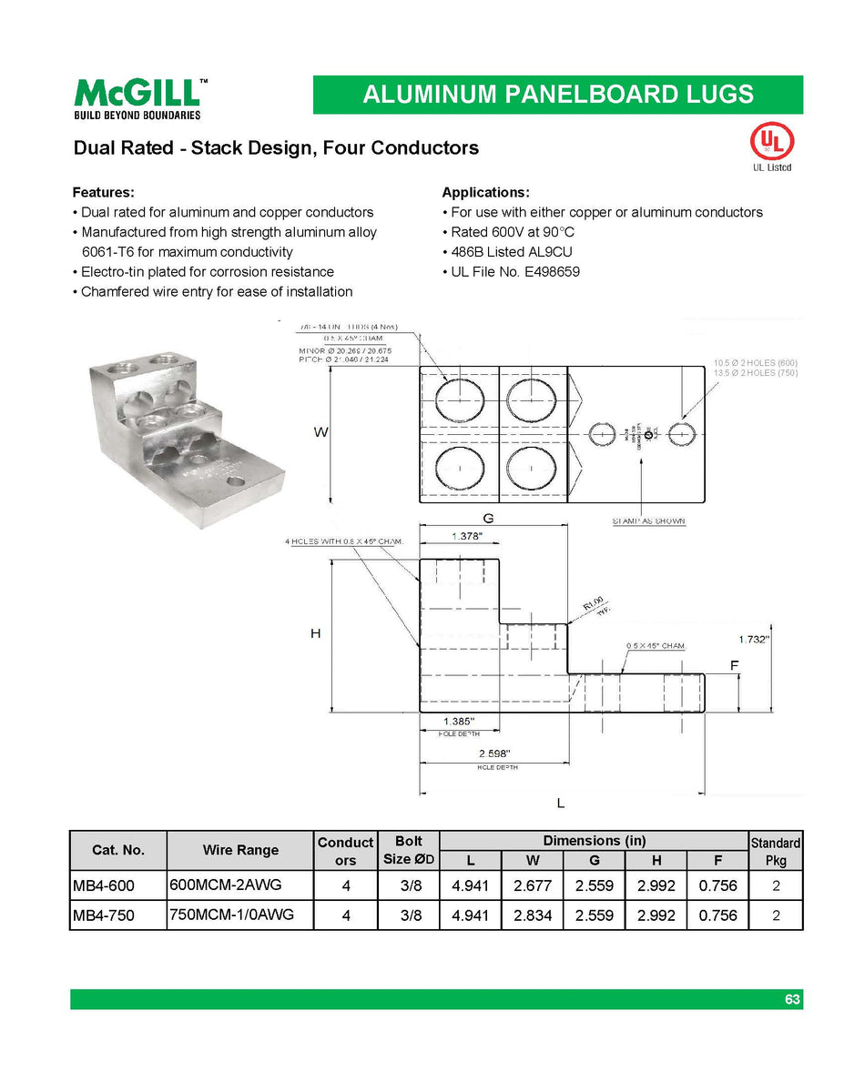McGill Panelboard Lugs Four-750MCM-1/0AWG 3/8 Bolt Size AL9CU 2-Hole M ...
