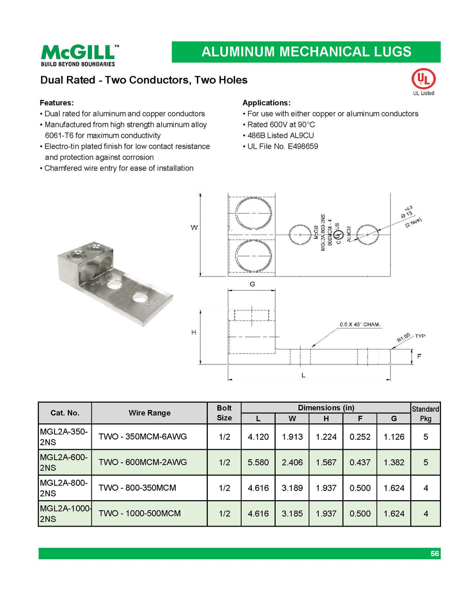McGill Aluminum Mechanical Lugs -Two - 1000-500MCM- 1/2 Bolt Size (2-H ...