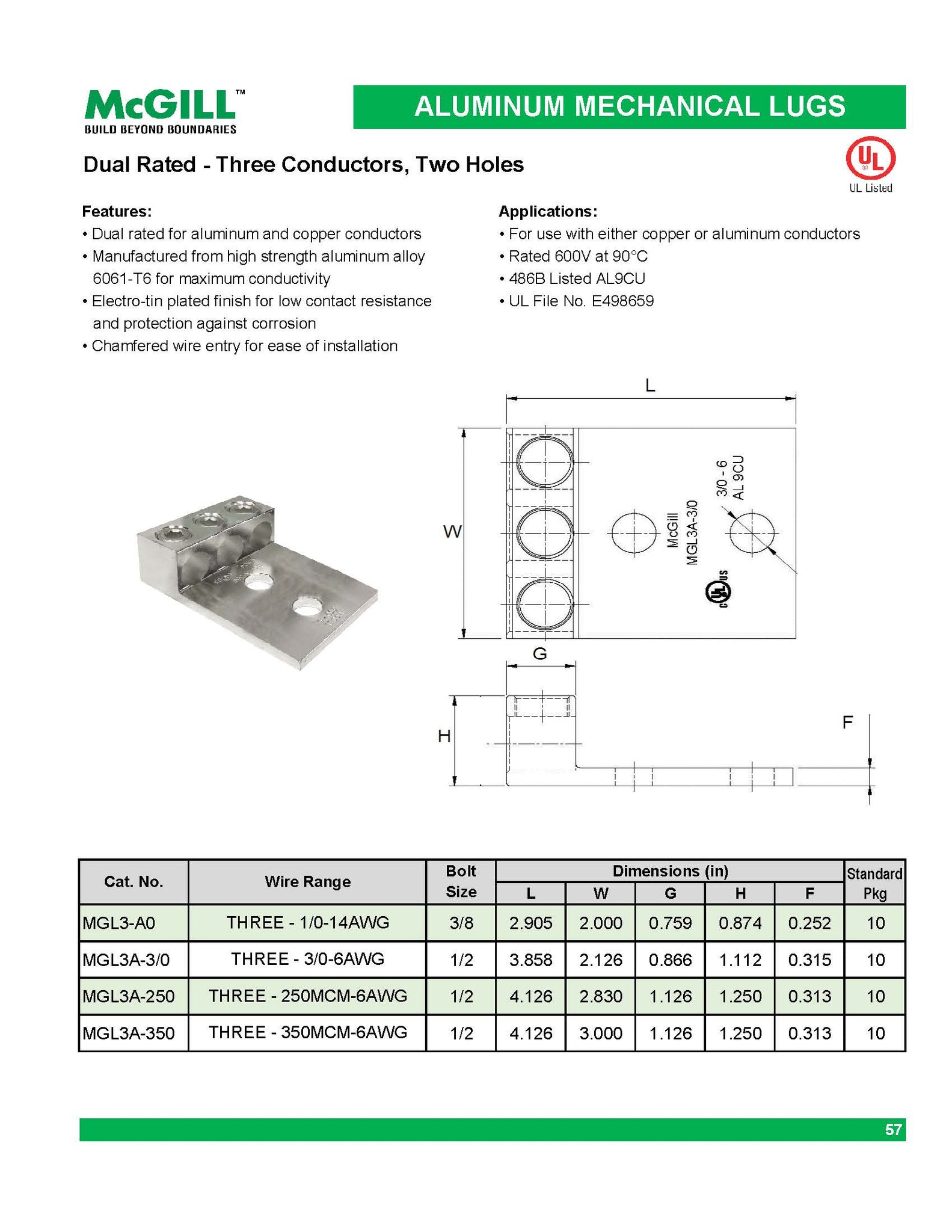 McGill Aluminum Mechanical Lugs - Three - 350MCM-6 1/2 Bolt (2-Hole) A ...