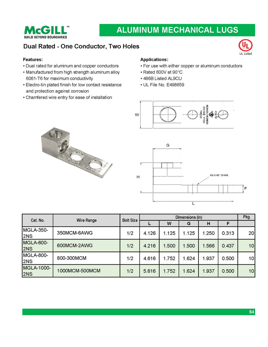 McGill Aluminum Mechanical Lugs 350MCM-6 1/2 Bolt Size Model# MGLA-350 ...