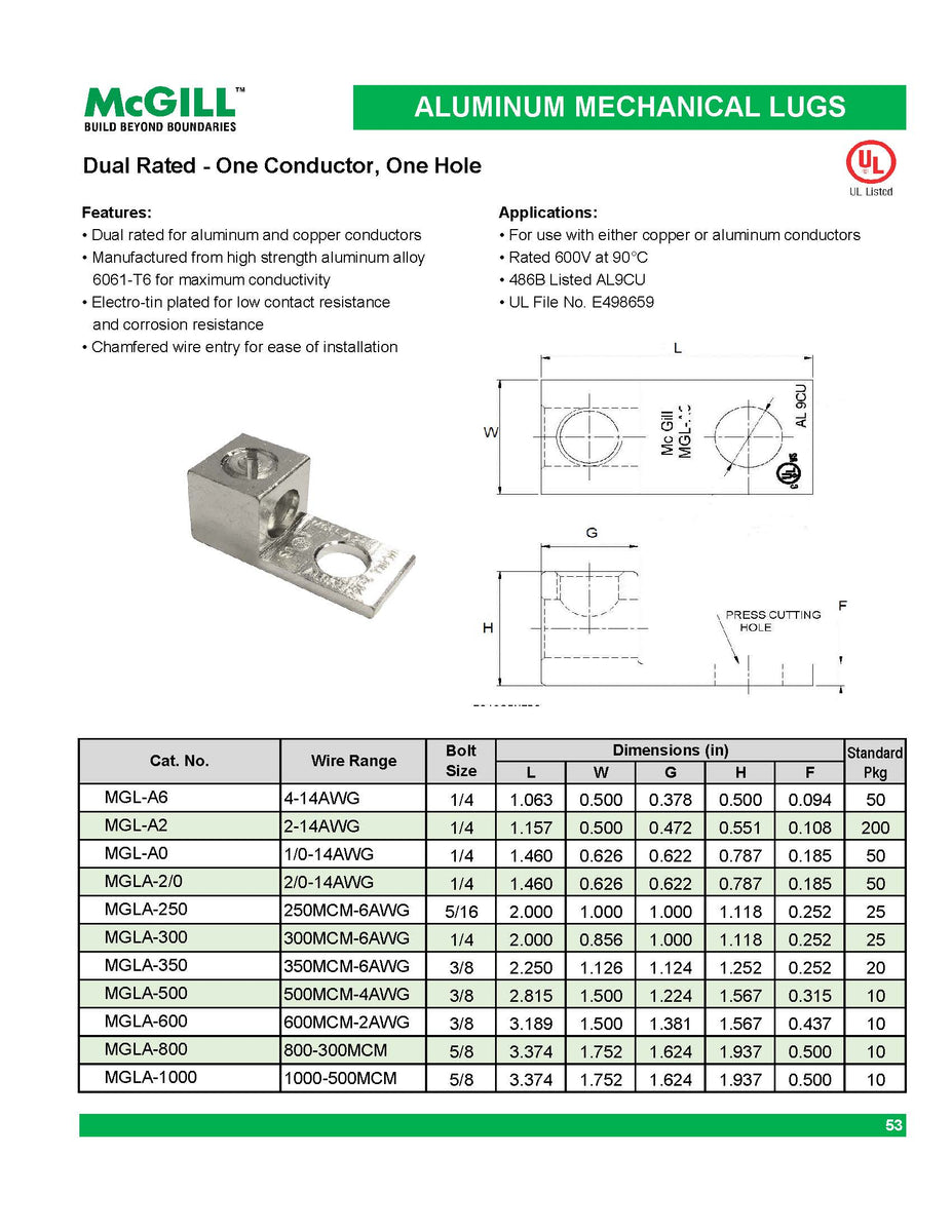 McGill Aluminum Mechanical Lugs 250MCM-6 5/16 Bolt Size AL9CU Model# M ...