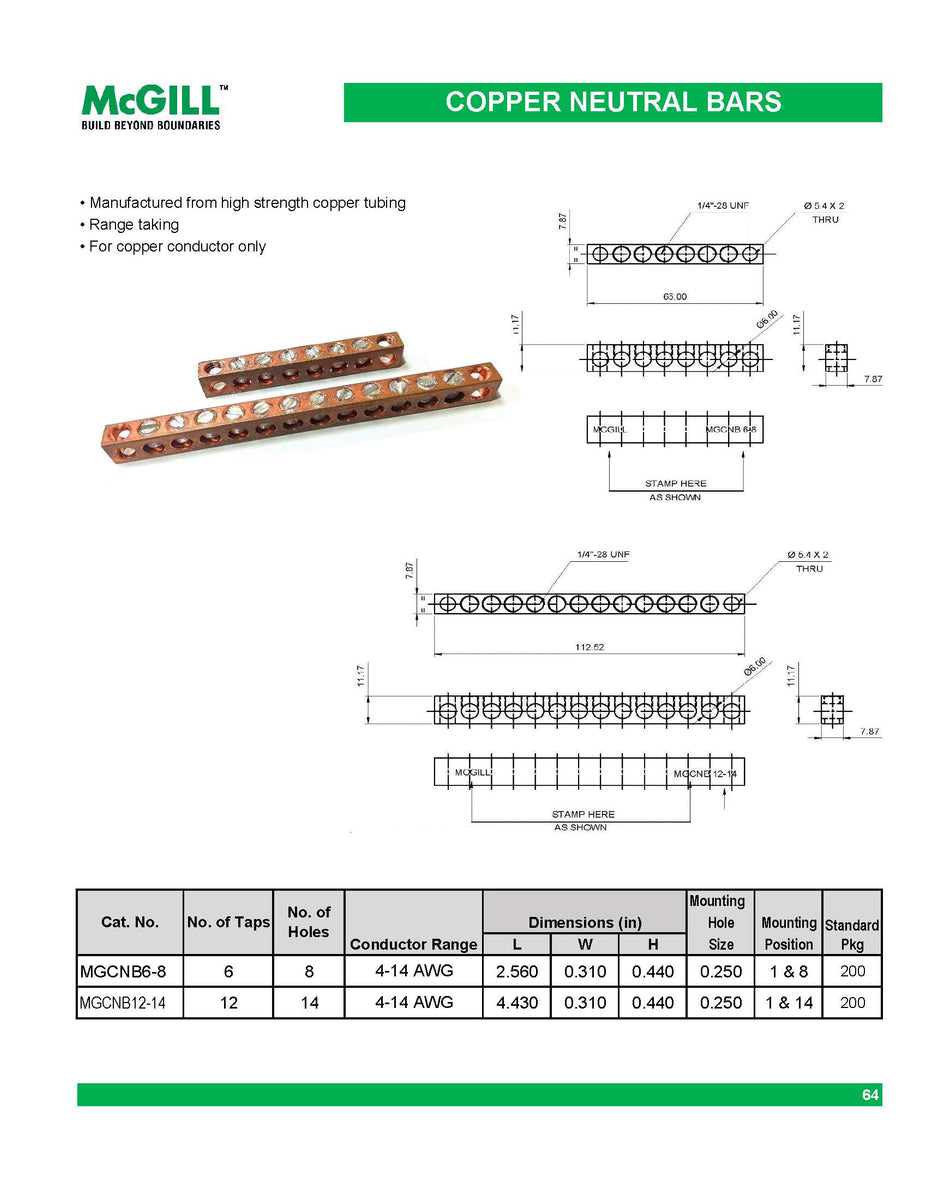 McGill Copper Neutral Bar - 2.56 X .31 X .44, 6 Circuits, 8 Holes, Mou ...