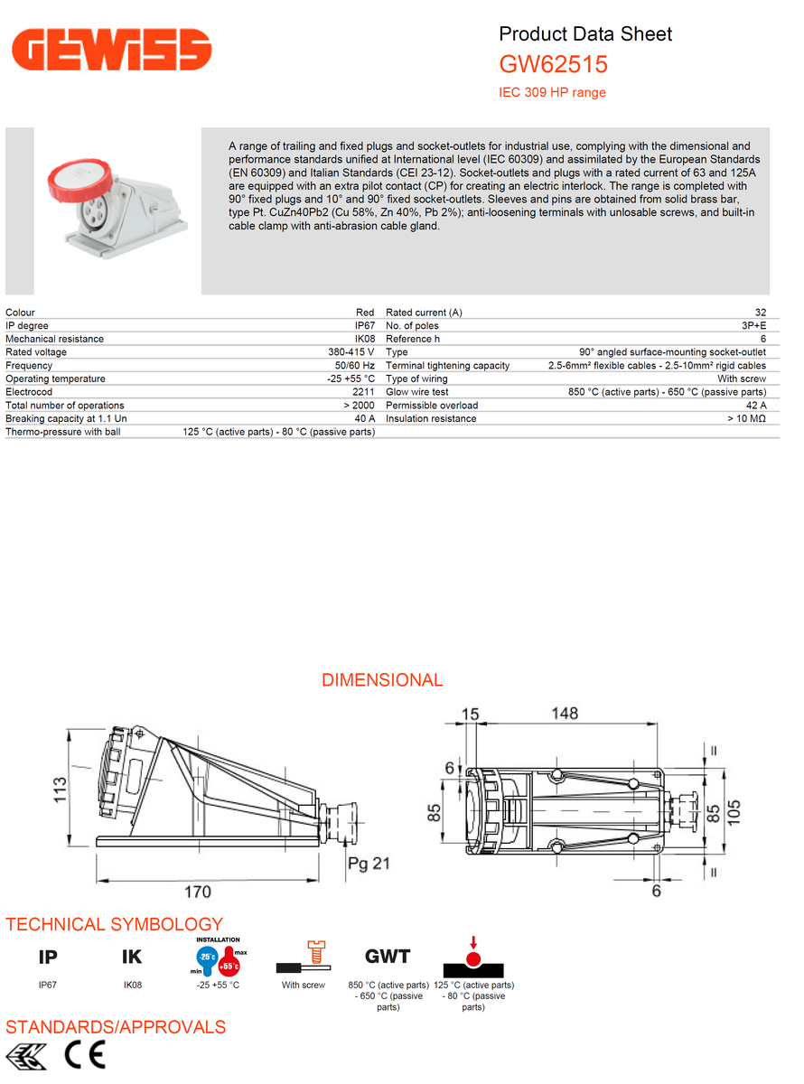 Gewiss 90° Angled Surface-Mounting Socket-Outlet-IP67-3P+E 32A 380-415 ...